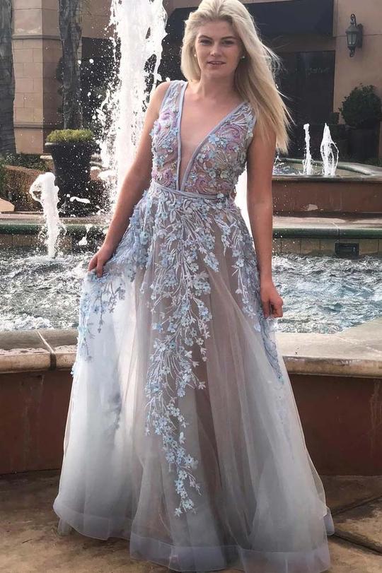 A-line Floral Appliques Long Prom Dress Plunging Neckline Formal Gown ...
