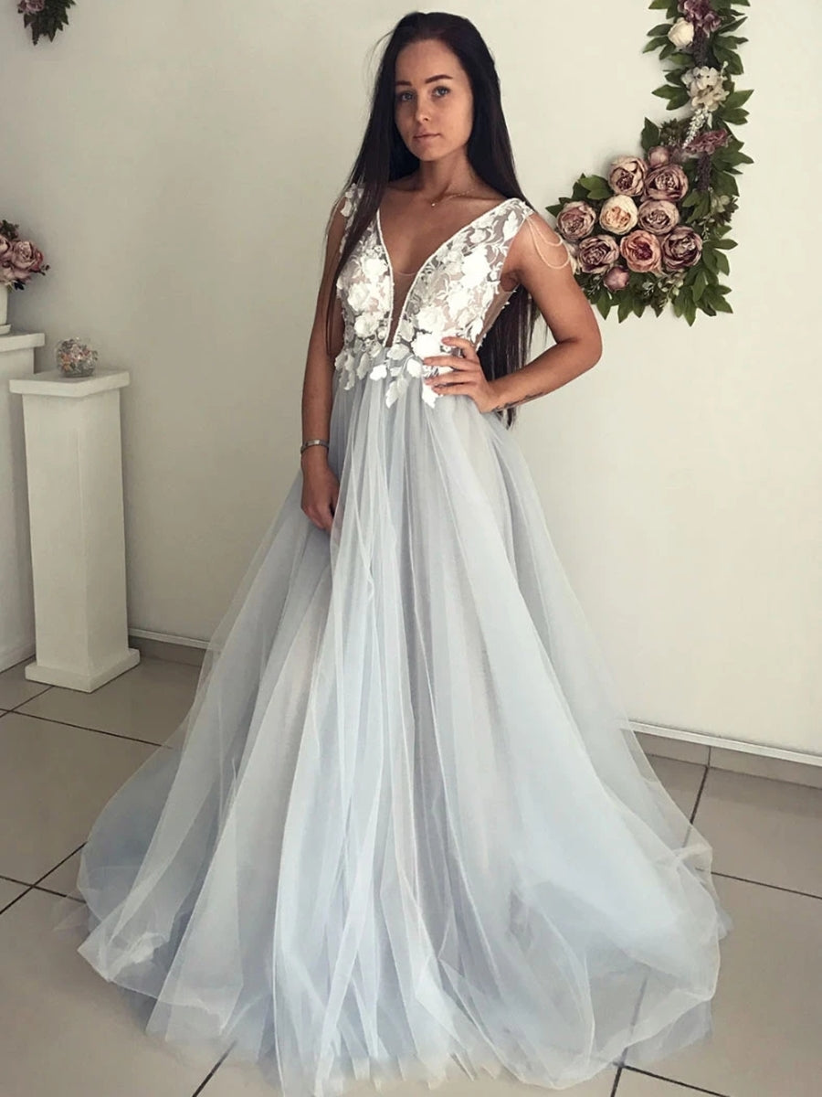 Elegant A-line V Neck Open Back Lace Appliques Long Formal Prom Dresses ...