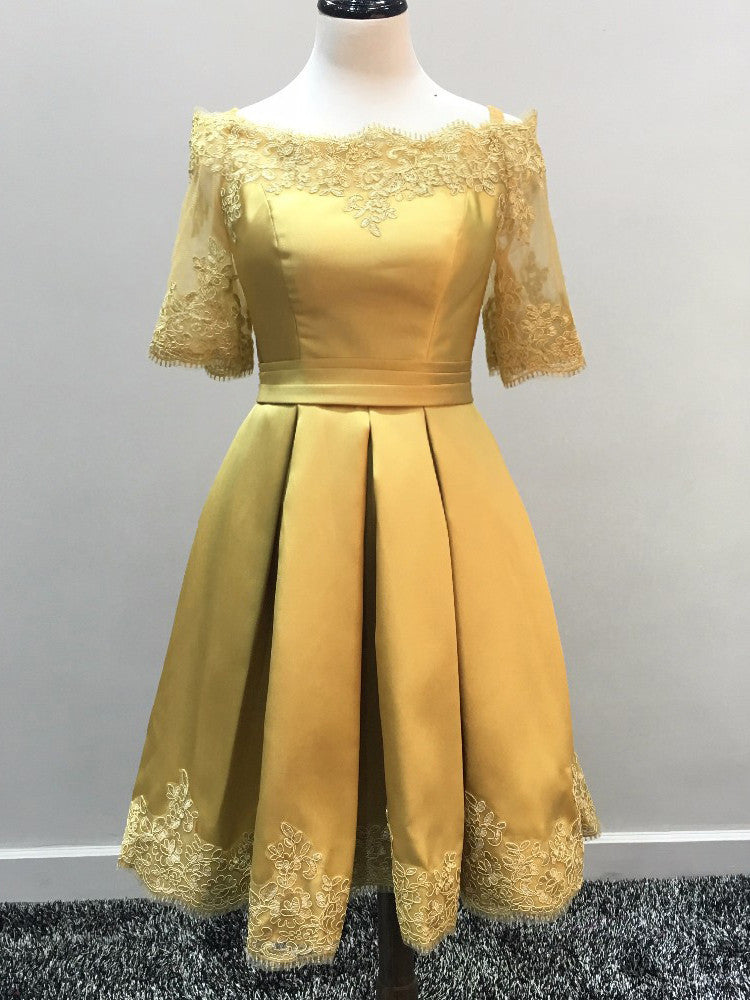 Homecoming Dress Gold Off-the-shoulder Short Prom Dress Party Dress JK ...