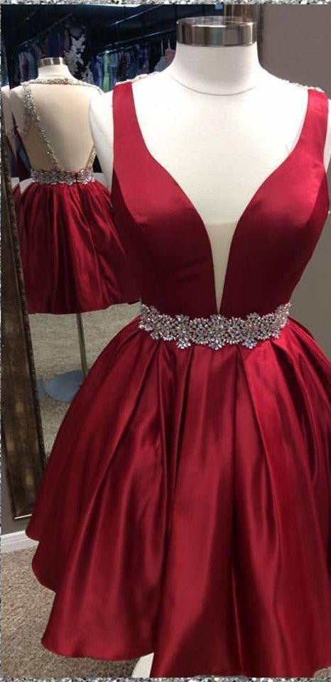 Homecoming Dress V-neck Backless Burgundy Short Prom Dress Party Dress ...