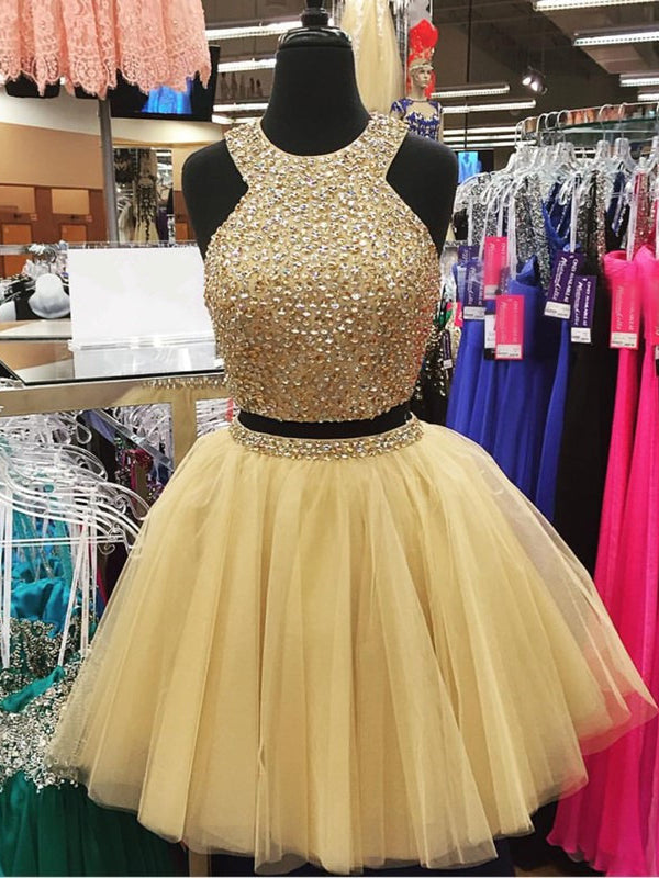 Two Piece Homecoming Dress Scoop Rhinestone A Line Tulle Short Prom Dr