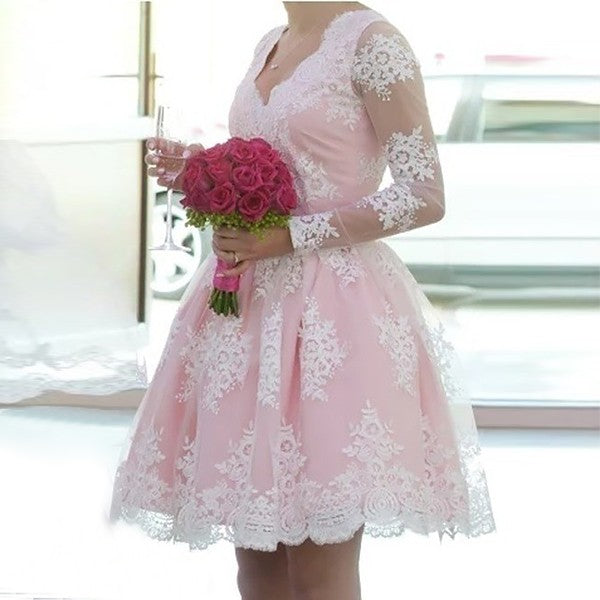 Long Sleeve Beautiful Homecoming Dresses Lace V-neck Short Prom Dress ...
