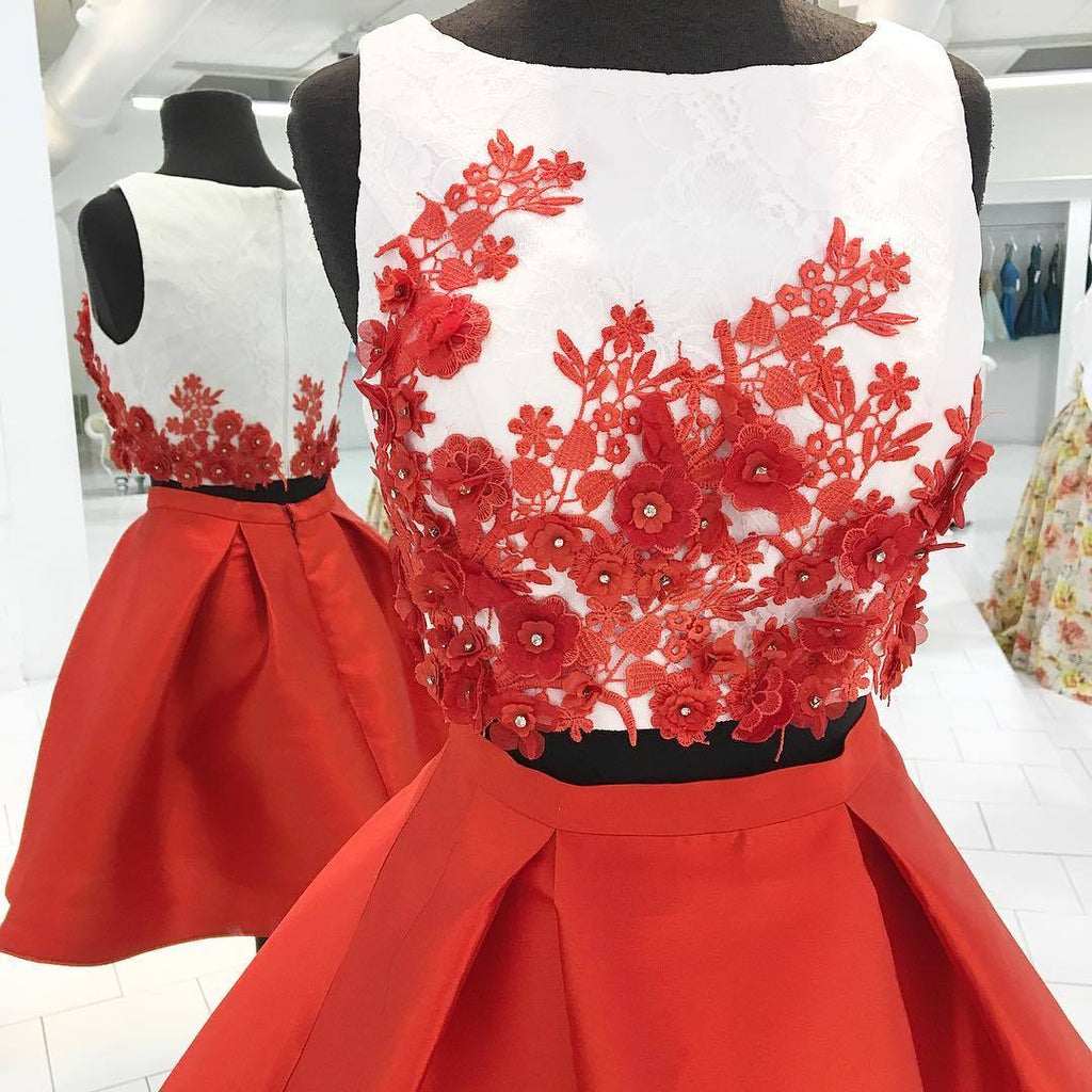 Two Piece Red Homecoming Dresses Lace A-line Bateau Short Prom Dress ...
