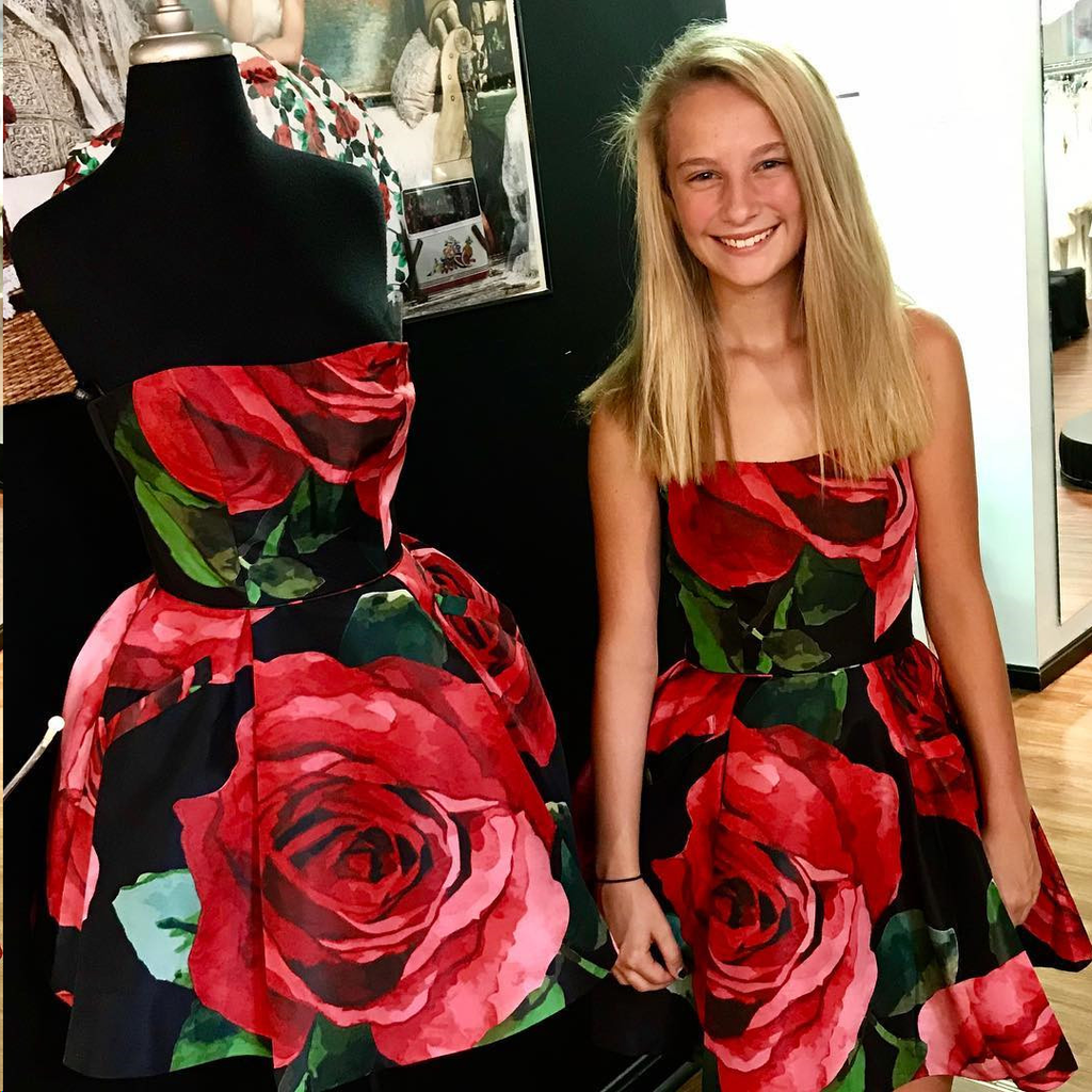 Beautiful Rose Floral Print Homecoming Dresses Strapless Short Prom ...