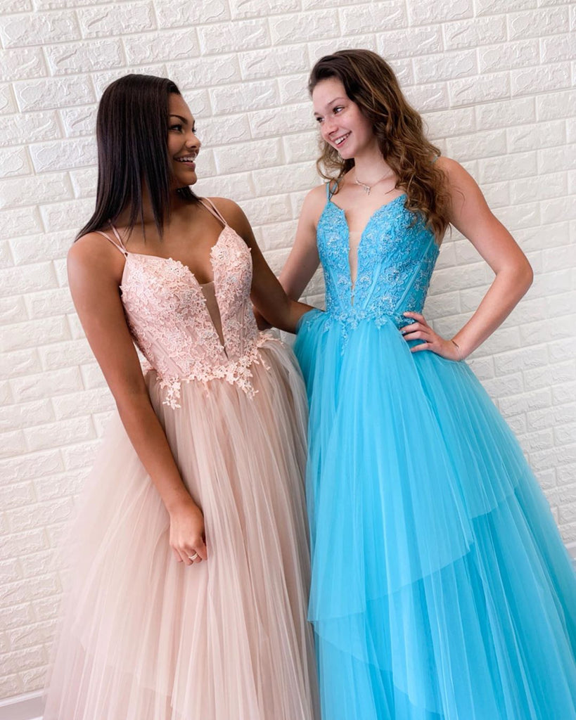 Spaghetti Straps V-Necl Lace Appliques Bodice Modest Tull Prom Evening ...