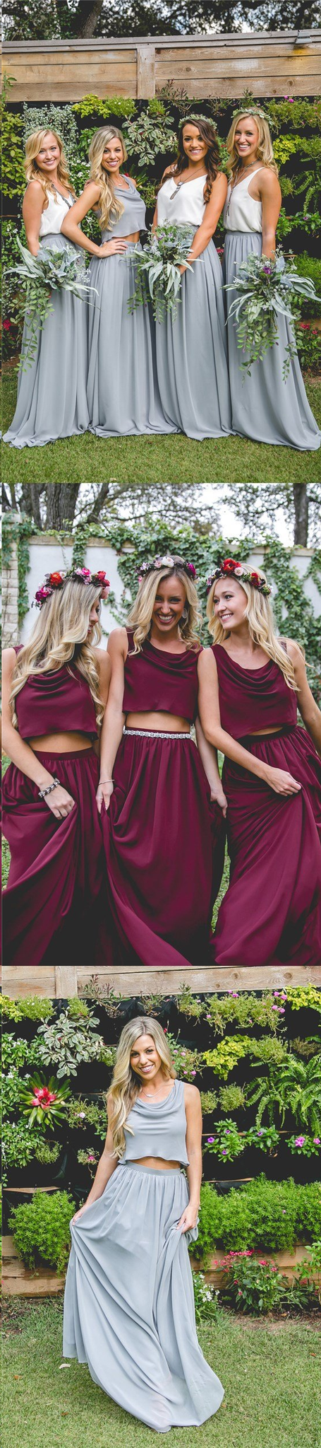 Two Piece Bridesmaid Dresses Bohemia A Line Burgundy Long Chiffon Chea ...