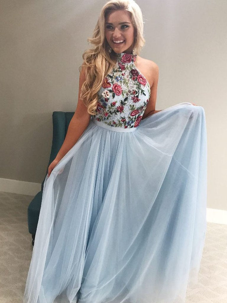 A Line Prom Dresses High Neck Embroidery Floral Beautiful Prom Dress J ...