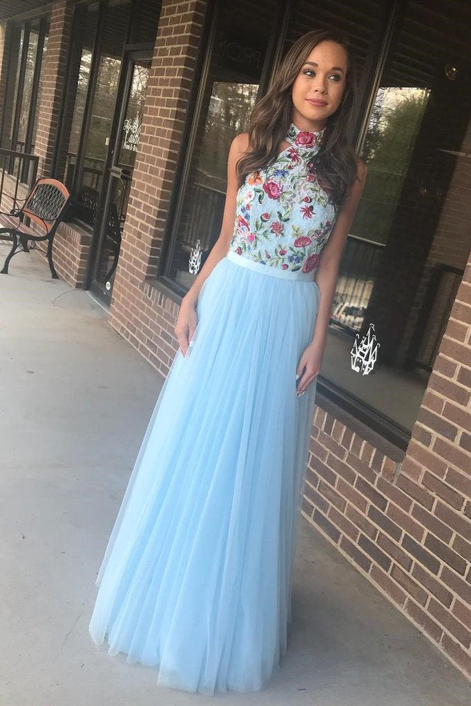 A Line Prom Dresses High Neck Embroidery Floral Beautiful Prom Dress J ...