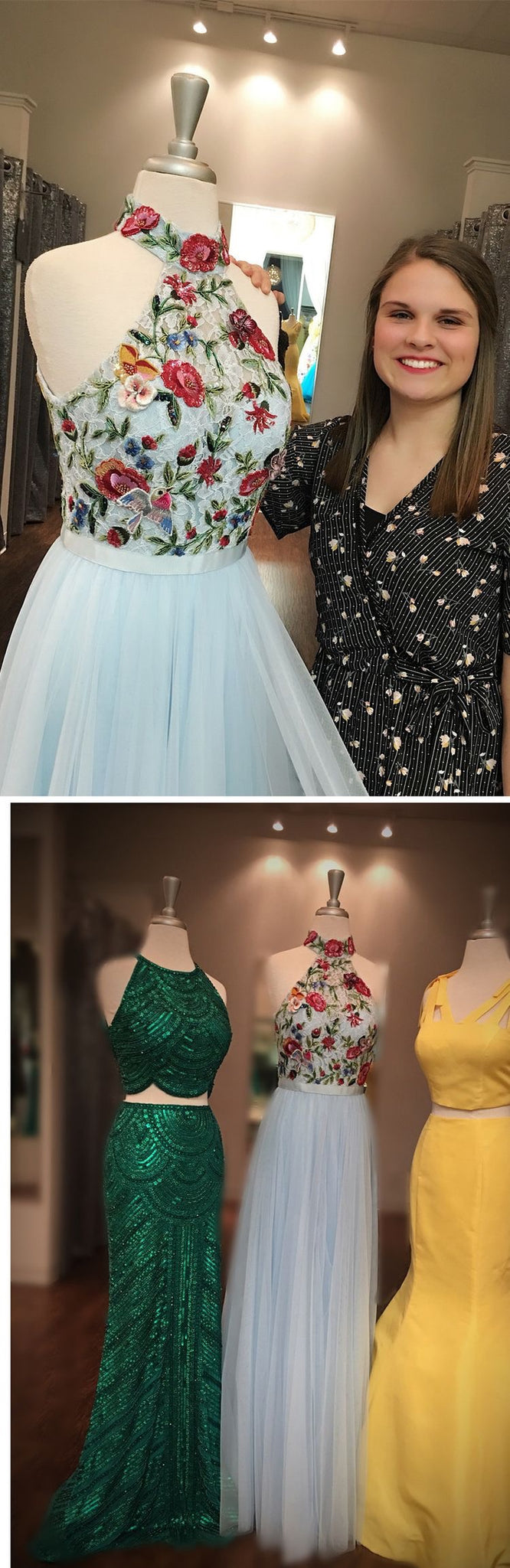 A Line Prom Dresses High Neck Embroidery Floral Beautiful Prom Dress J ...