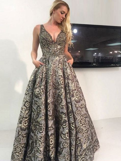 Sparkly Prom Dresses Floor-length V-neck Luxury Lace Prom Dress JKL104 ...