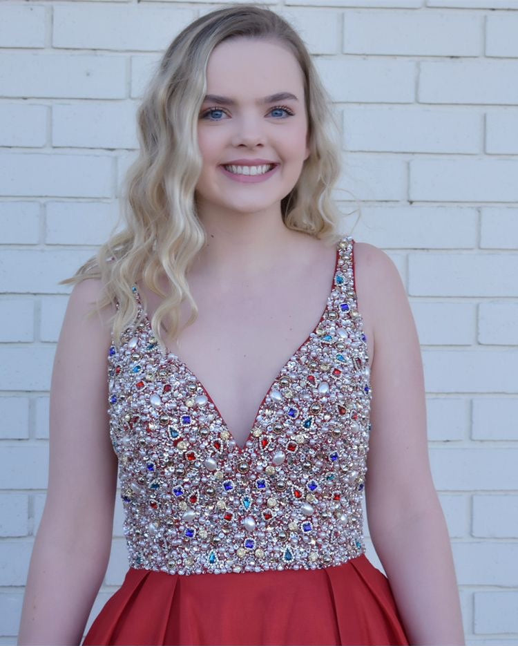 Sparkly Prom Dresses Straps V-neck Long Beading Rhinestone Prom Dress ...