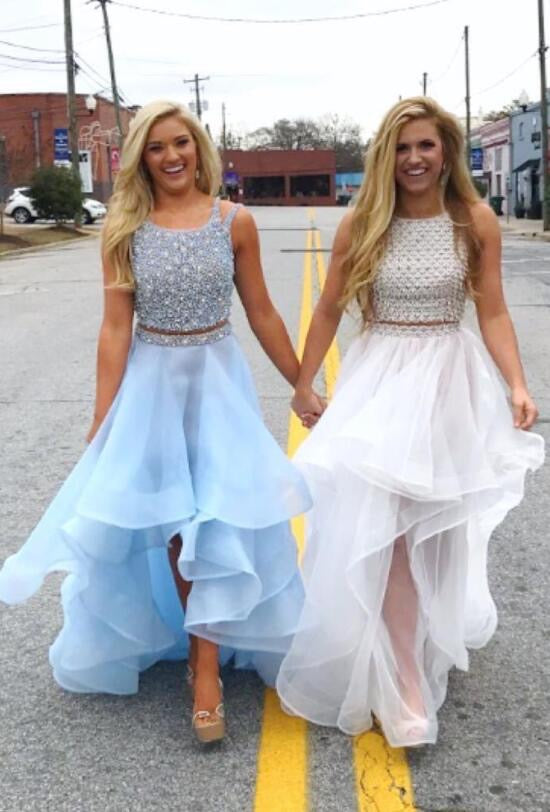 Two Piece Prom Dresses A-line Sparkly High Low Prom Dress Long Evening ...