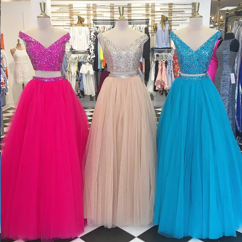 Two Piece Prom Dresses V-neck Rhinestone Sweep Train Sparkly Royal Blu ...