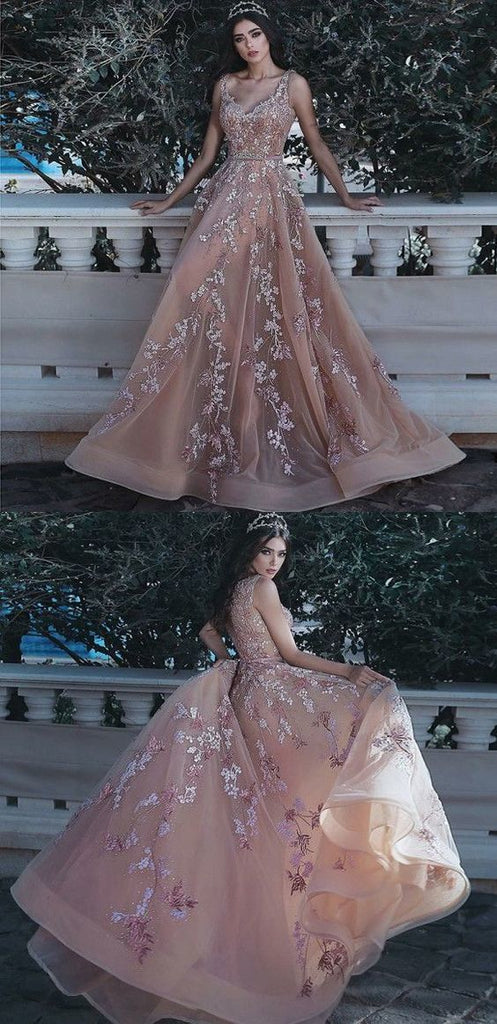 Long Prom Dresses A-line Appliques V-neck Beautiful Prom Dress Sexy Ev ...