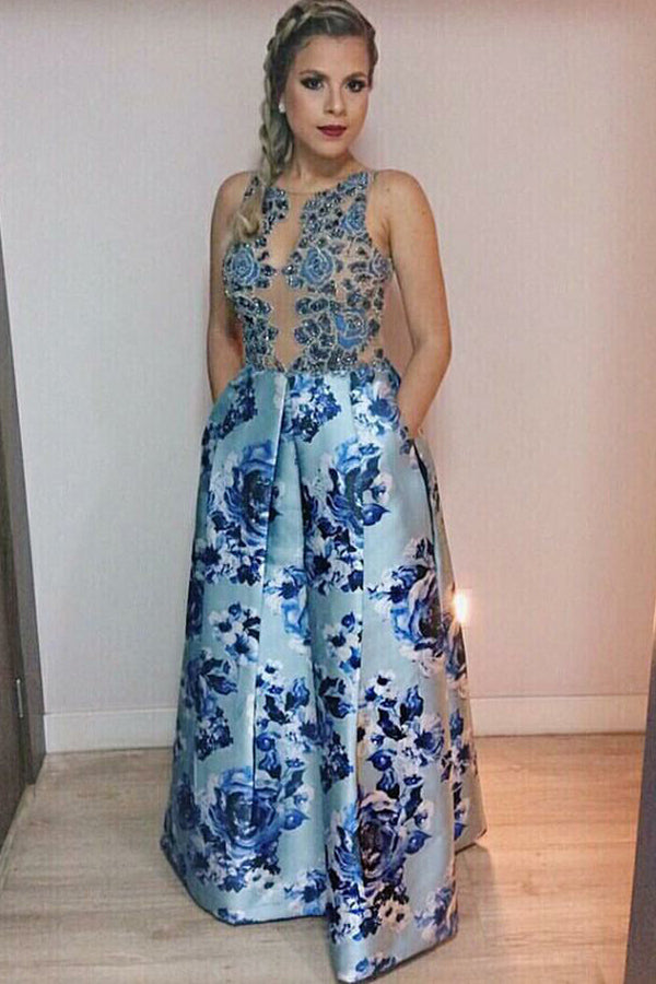 Floral Print Prom Dresses A-line Beautiful Sparkly Prom Dress Long Eve ...