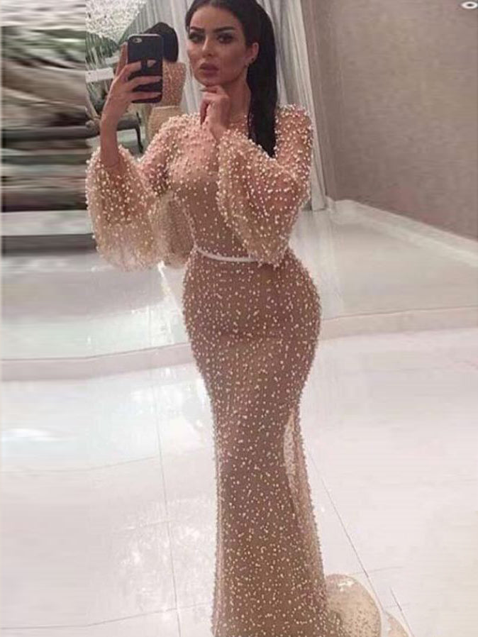 Long Sleeve Prom Dresses Mermaid Beading Prom Dress Long Sexy Evening ...