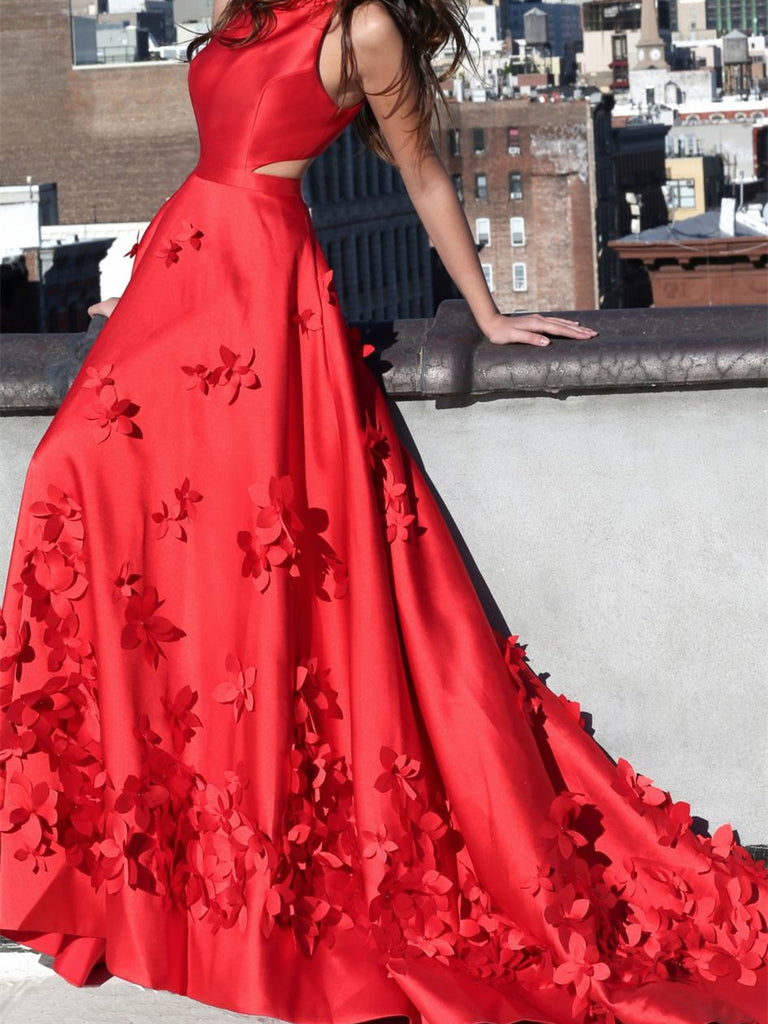 Red Prom Dresses A-line Sweep Train Hand-Made Flower Long Chic Prom Dr ...