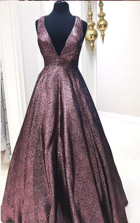 Beautiful Prom Dresses A-line Open Back Short Train V-neck Long Prom D ...
