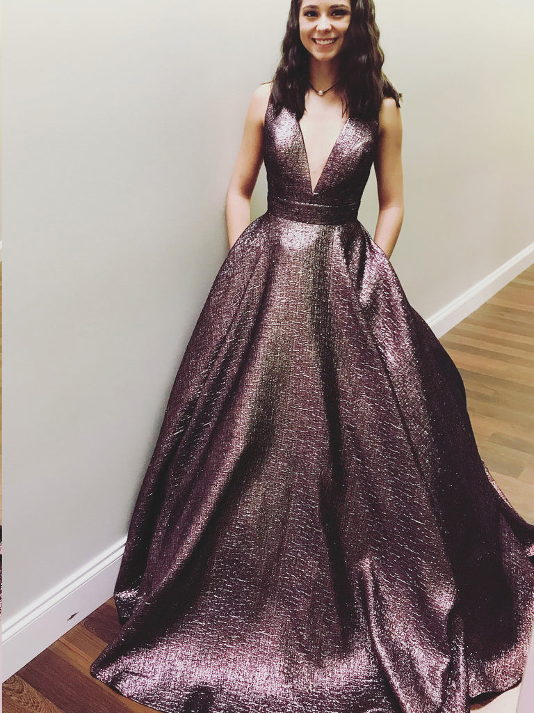 Beautiful Prom Dresses A-line Open Back Short Train V-neck Long Prom D ...