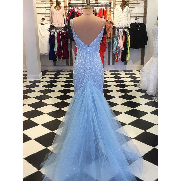 Open Back Prom Dresses Spaghetti Straps Sheath Sparkly Beading Long Pr ...