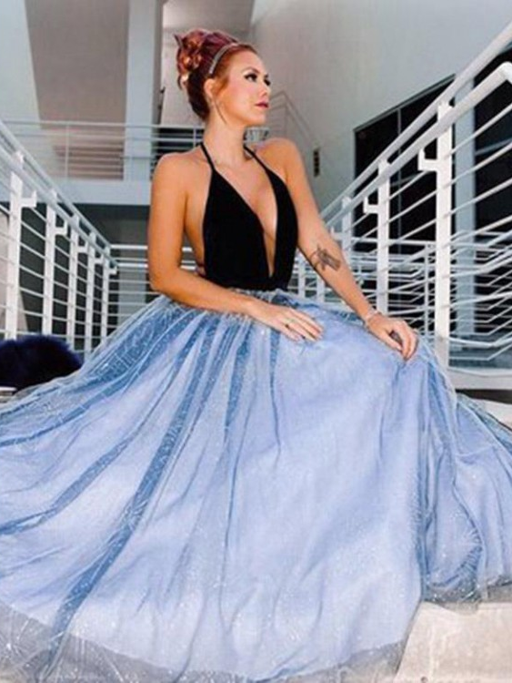 Sparkly Prom Dresses Halter Aline Open Back Long Cheap Backless Prom D ...
