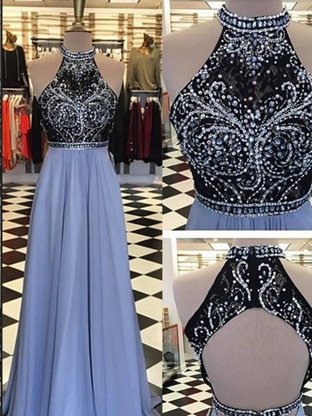 Open Back Prom Dresses High Neck Aline Black Lace Rhinestone Lavender ...