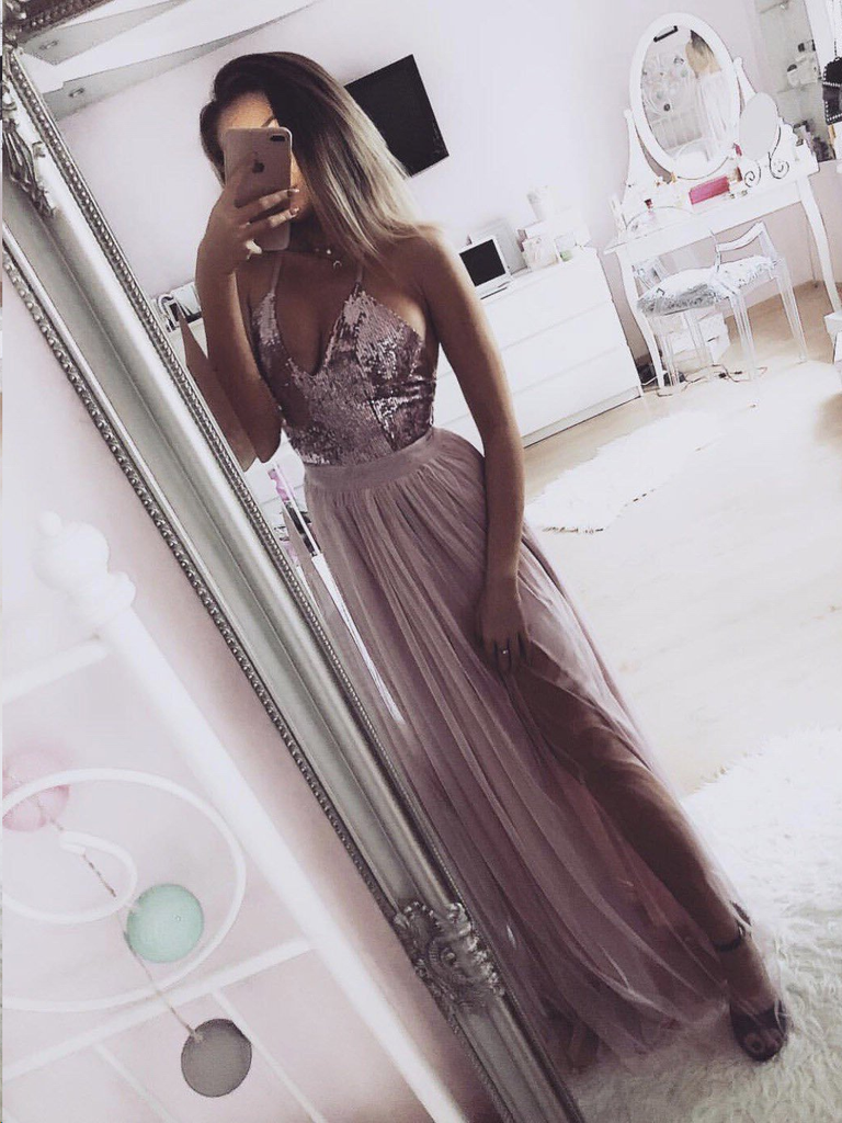 Simple Prom Dresses with Slit V Neck Aline Long Sparkly Open Back Prom ...