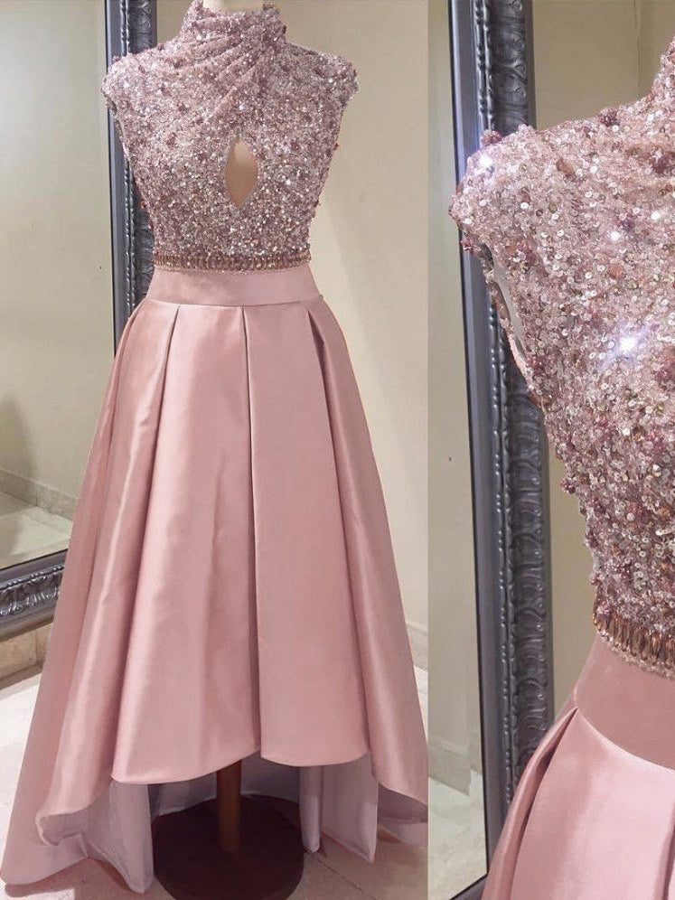 Unique Prom Dresses High Neck Asymmetrical Sequins Satin Prom Dress/Ev ...