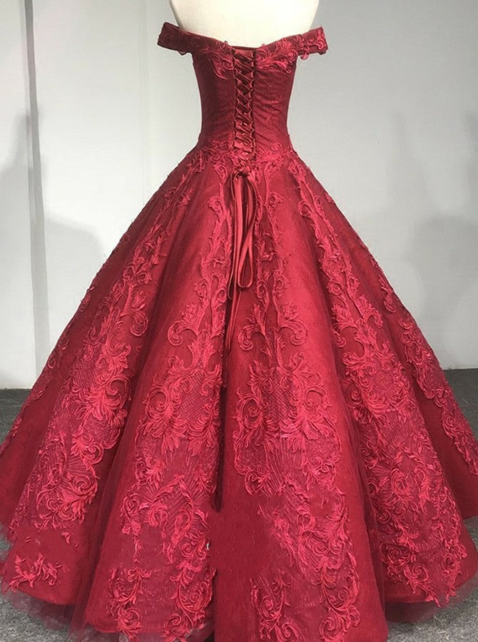 Ball Gown Prom Dresses Off-the-shoulder Long Chic Lace Burgundy Prom D ...
