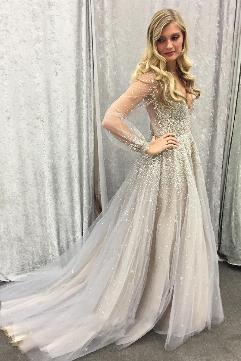 Long Sleeve Prom Dresses A Line Deep V Open Back Sexy Spparkly Prom Dr ...