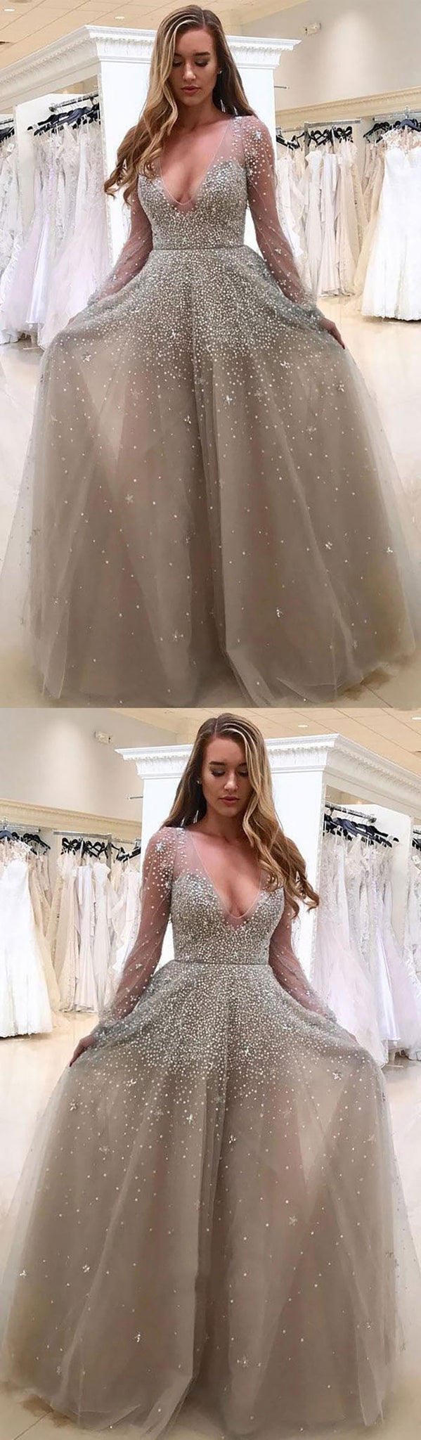 Long Sleeve Prom Dresses A Line Deep V Open Back Sexy Spparkly Prom Dr ...