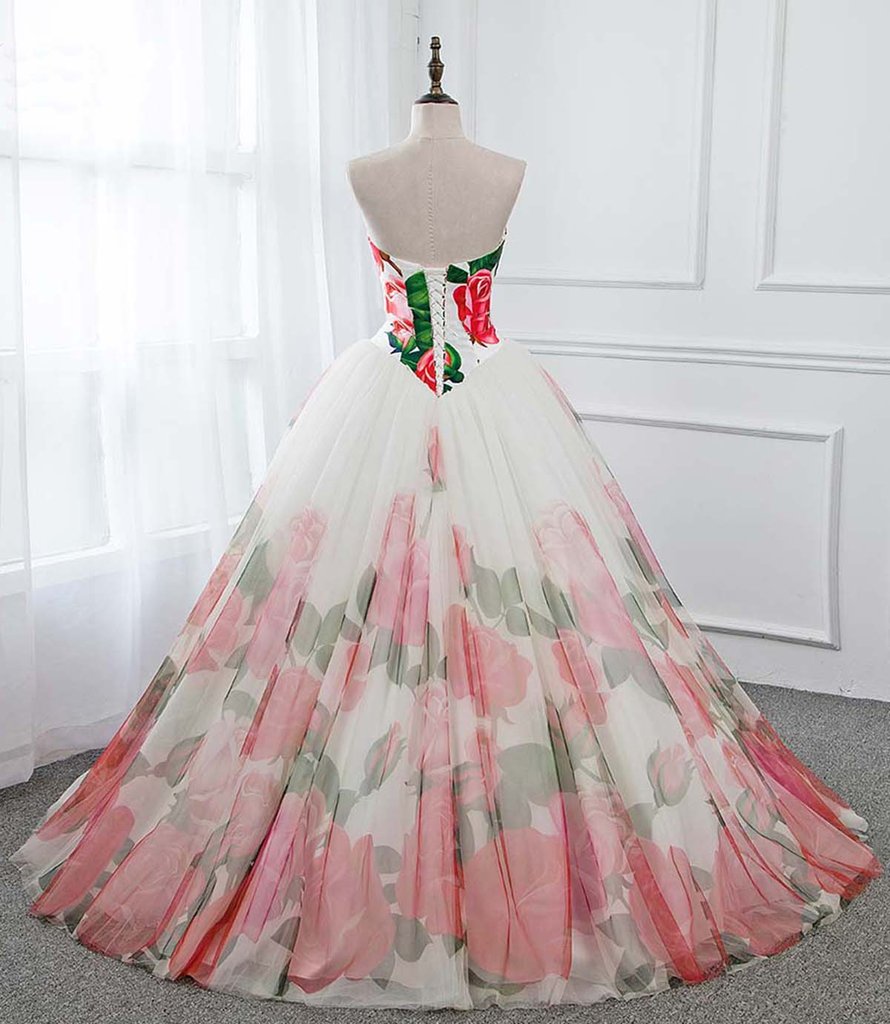 Ball Gown Prom Dresses Sweetheart Rose Floral Print Prom Dress Sexy Ev ...