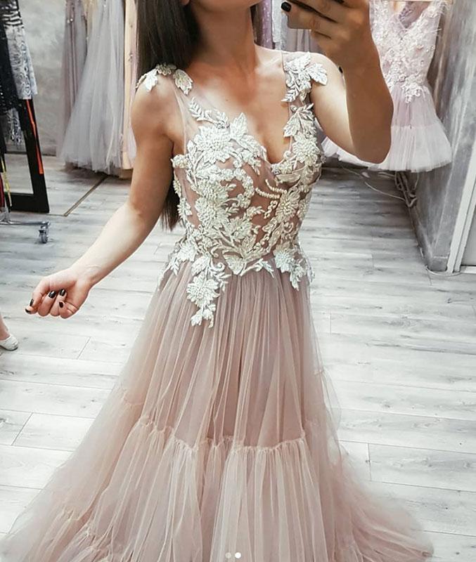 Beautiful Prom Dresses A Line with Straps V-neck Dusty Rose Long Prom ...