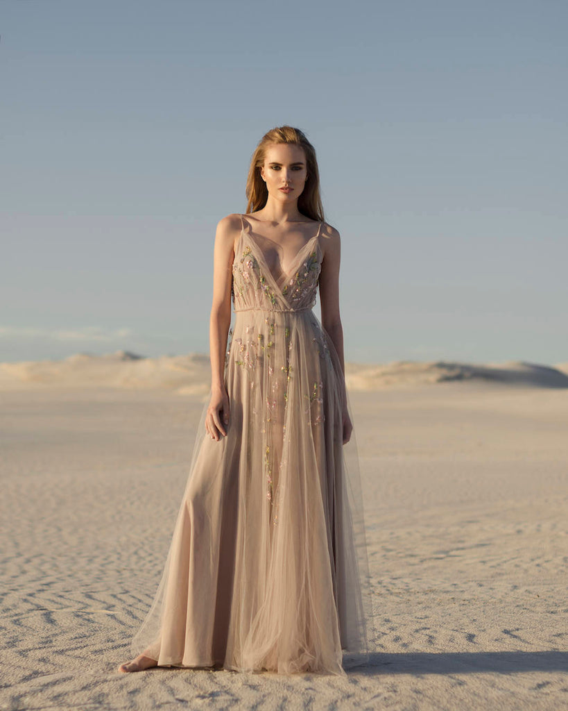 Backless Prom Dresses with Slit A Line Embroidery Beautiful Beach Open ...