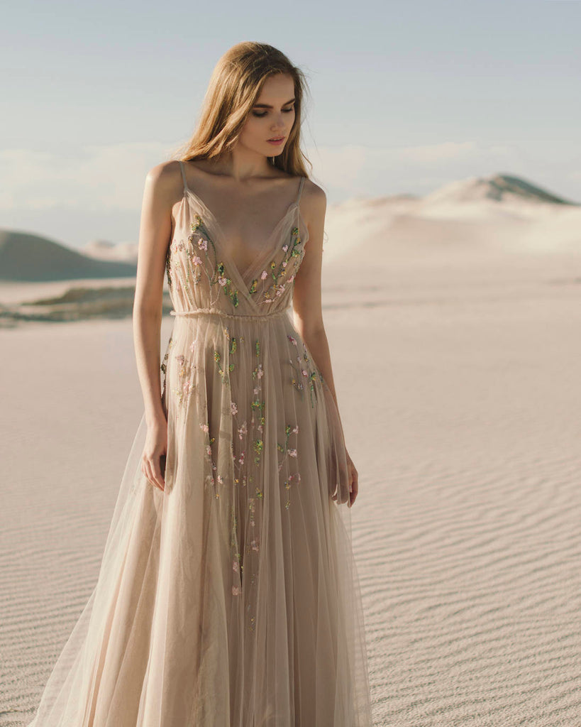 Backless Prom Dresses with Slit A Line Embroidery Beautiful Beach Open ...