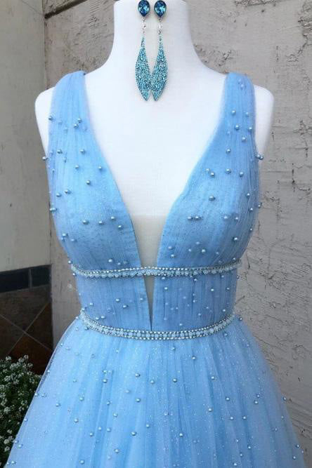 Sparkly Prom Dresses with Straps Long Pearl Beading Prom Dress Sky Blu ...