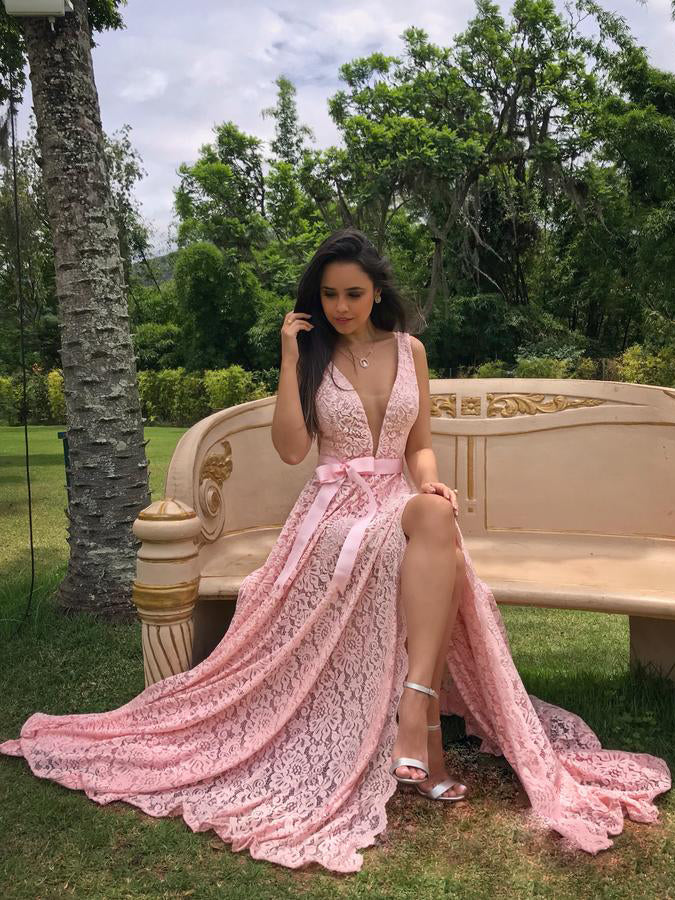 Lace Prom Dresses with Straps Aline Pink Bowknot Floral Lace Slit Prom ...