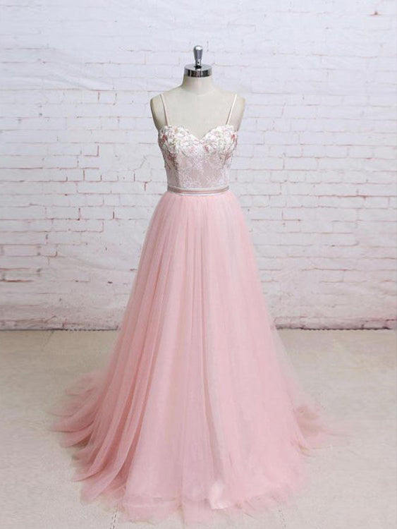 Chic Prom Dresses A Line Spaghetti Straps Sweetheart Chic Embroidery L ...