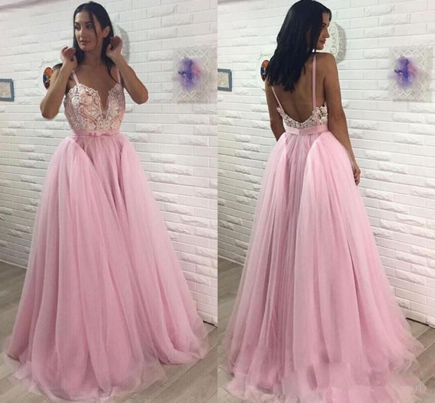 Open Back Prom Dresses with Straps Aline Appliques Long Fairy Pink Pro ...