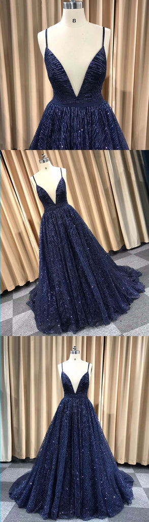 Sparkly Prom Dresses with Spaghetti Straps Aline Long Dark Navy Gorgeo ...