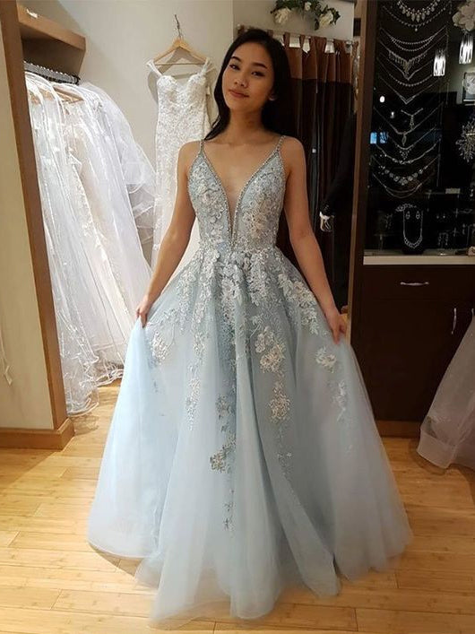 Beautiful Prom Dresses with Spaghetti Straps Aline Appliques Open Back ...