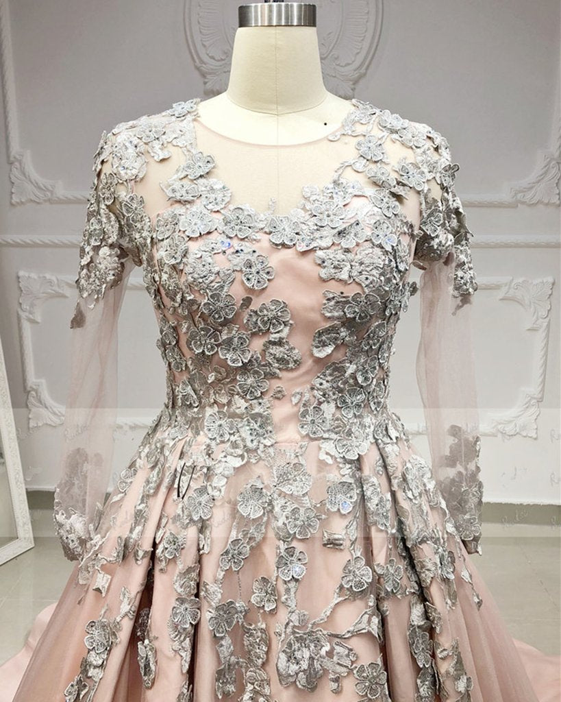 Long Sleeve Prom Dresses Sweep Train A Line Embroidery Long Satin Pink ...