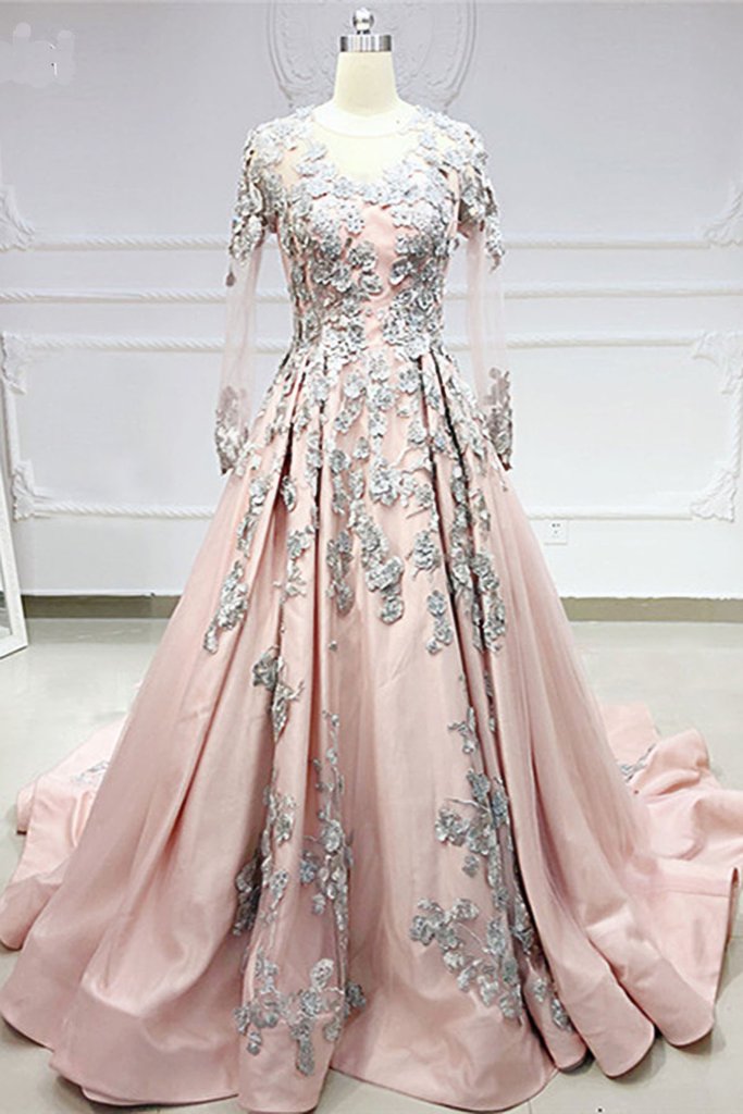 Long Sleeve Prom Dresses Sweep Train A Line Embroidery Long Satin Pink ...