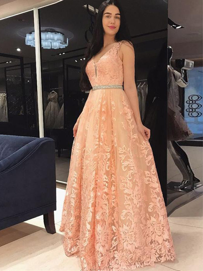 Lace Prom Dresses with Straps Floor-length Coral A-line Chic Long Prom ...