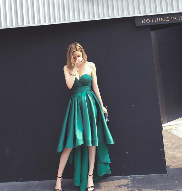 High Low Prom Dresses A-line Sweetheart Satin Hunter Long Prom Dress/E ...
