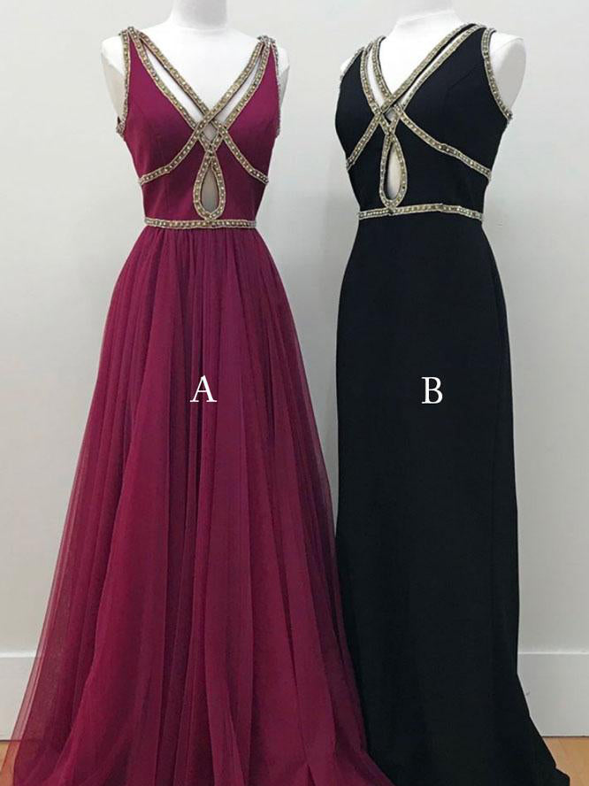 Black Prom Dresses V-neck A-line Floor-length Sexy Burgundy Prom Dress ...