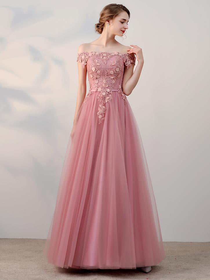 Modest Prom Dresses Off-the-shoulder Appliques A-line Long Tulle Prom ...