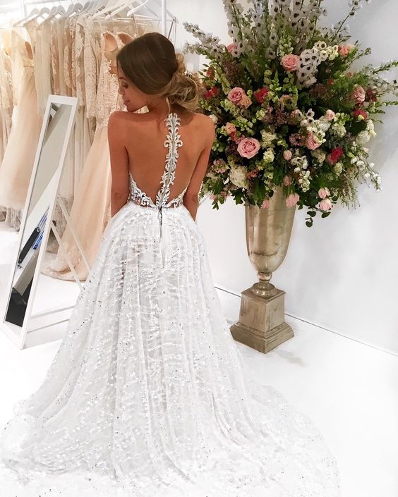 Sparkly Prom Dresses Bateau A-line Sweep Train Sexy Long Chic Lace Pro ...