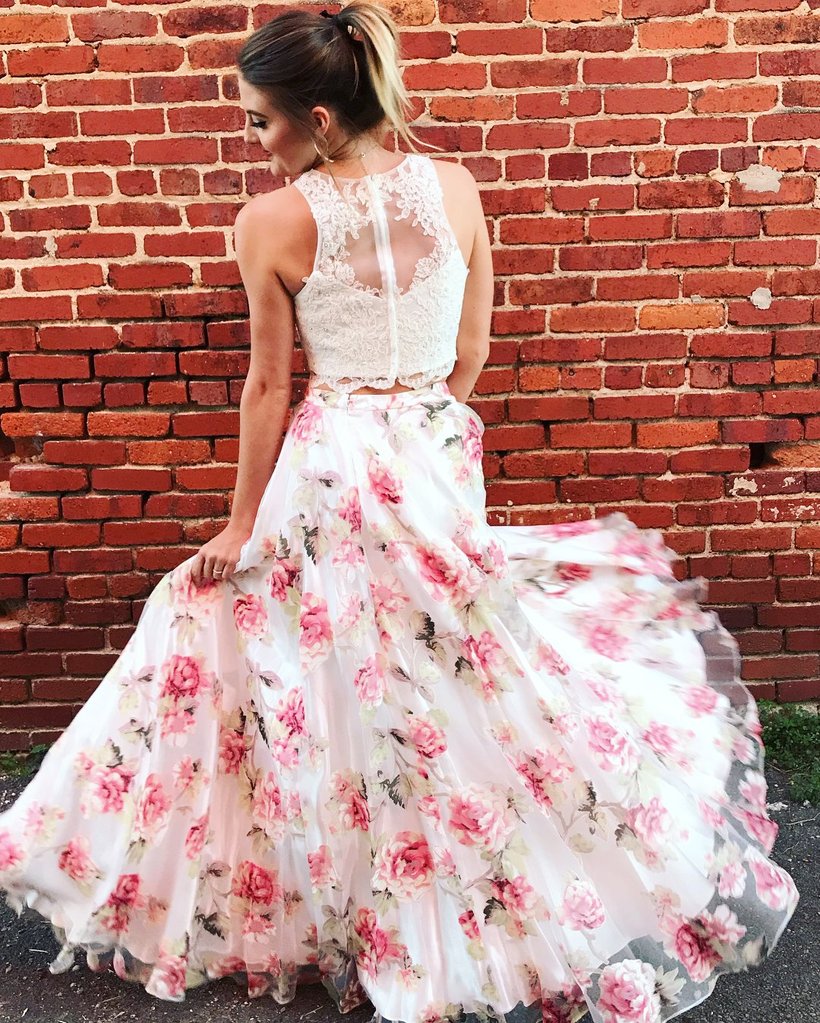 Two Piece Prom Dresses Scoop Floral Print Floor-length Lace Prom Dress ...