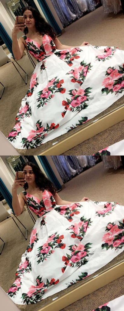 Chic Prom Dresses Straps Aline Rose Floral Print Satin Long Prom Dress ...